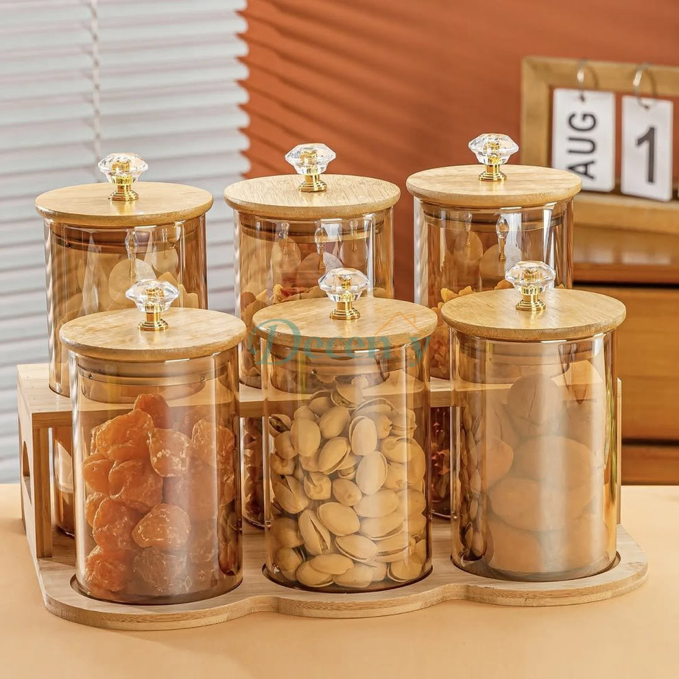 Elegant 6-Piece Glass Jar Set – With Wooden Stand – Decency