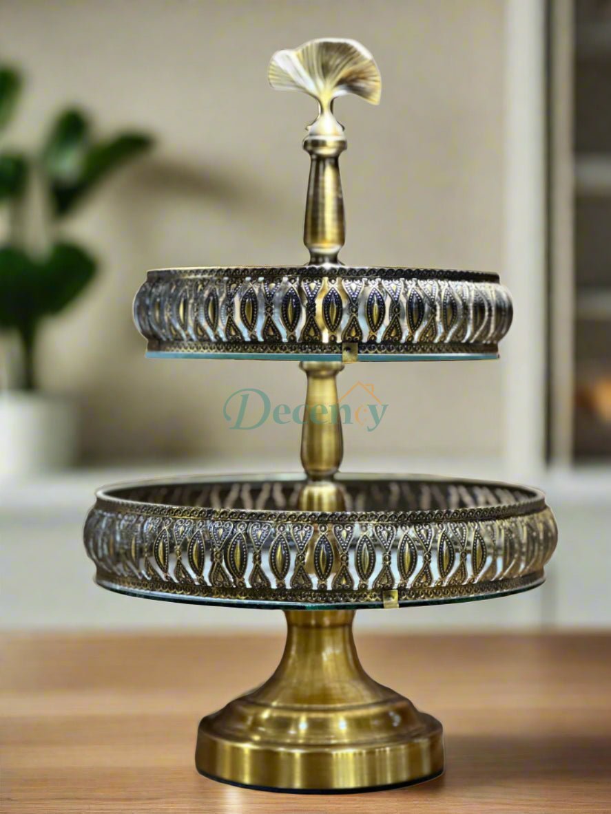 Two-Tier Decorative Dessert Stand with Gold Detailing – Decency